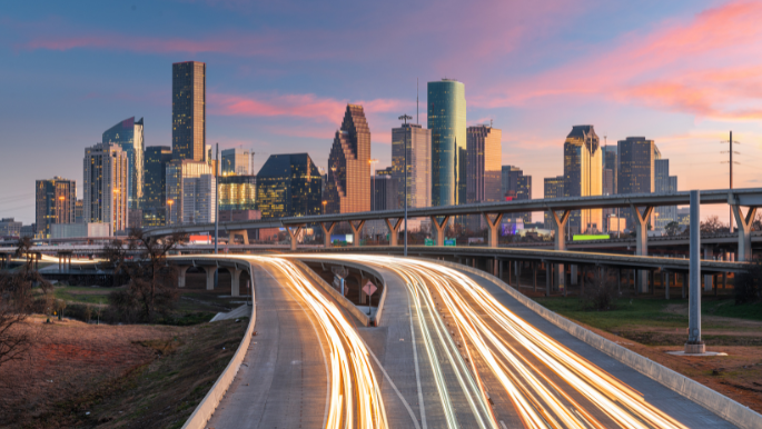 A picture of the Houston Skyline during a sunset.